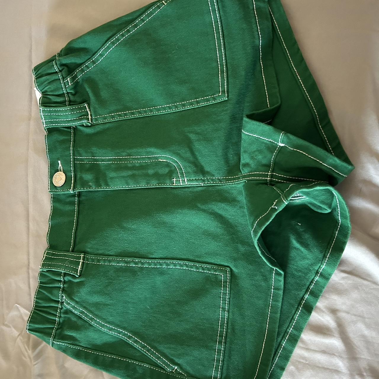 Green denim shorts with white stitching | Depop