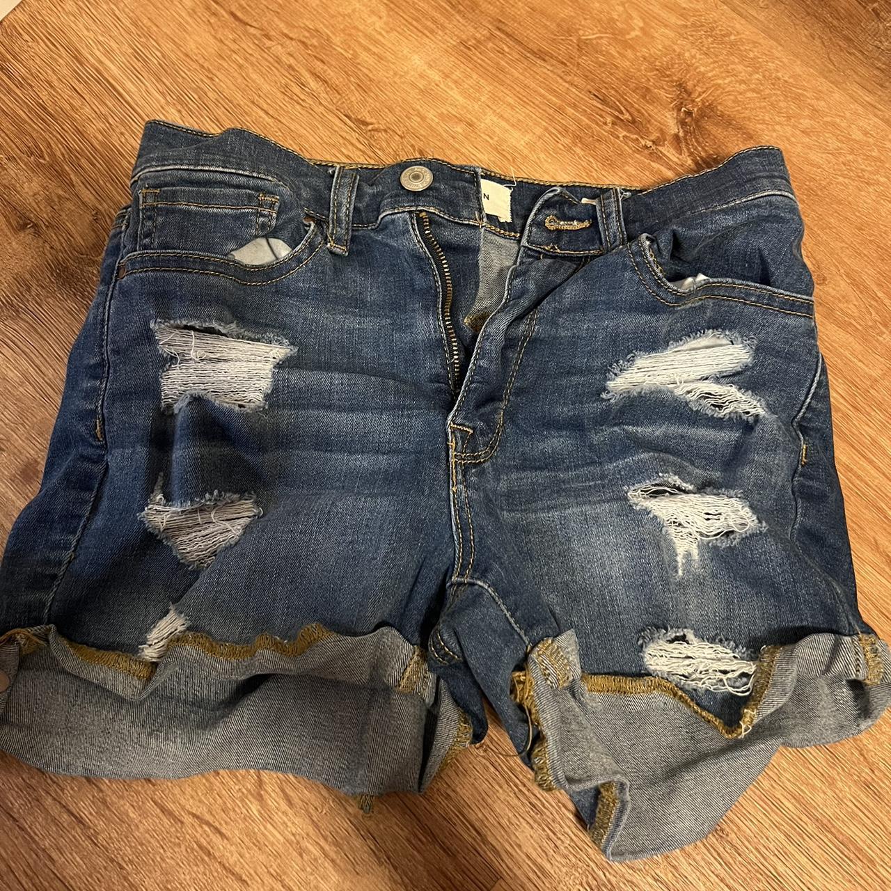 dark blue jean shorts - ripped in the front side 25,... - Depop