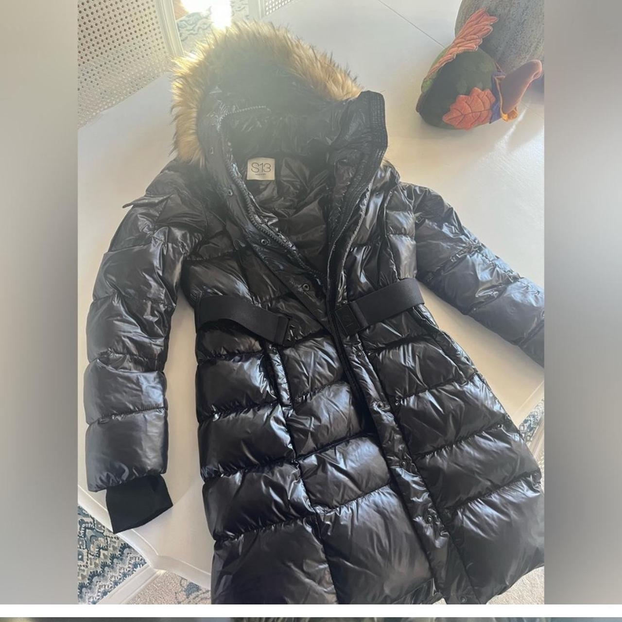 NWOT S13 black long jacket with fur down high gloss... - Depop
