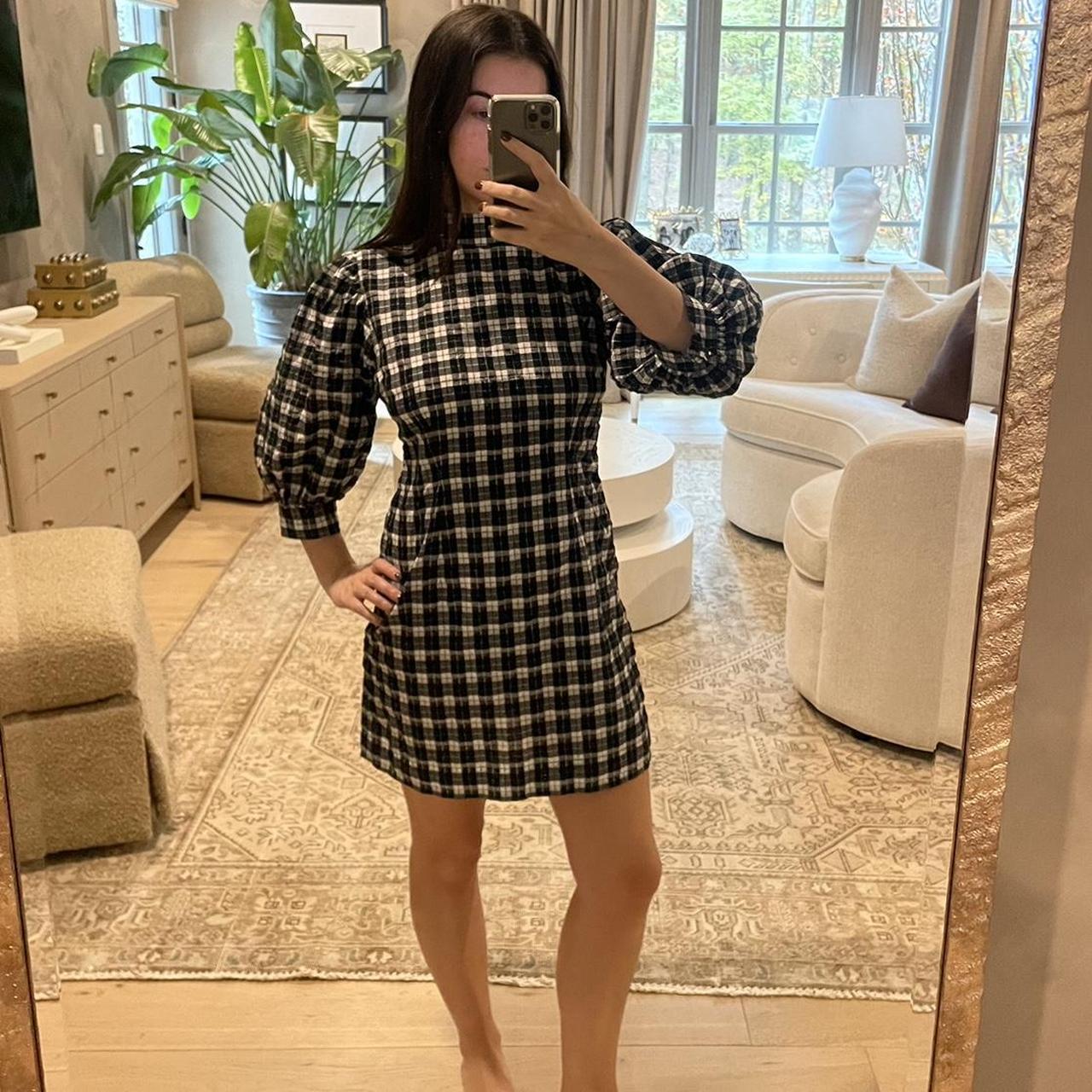 GANNI black & white checkered dress with puff... - Depop