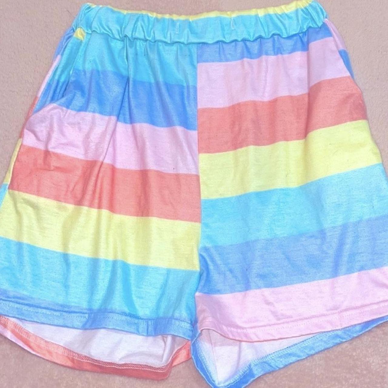 80s pastel striped shorts with an elastic waist and... - Depop