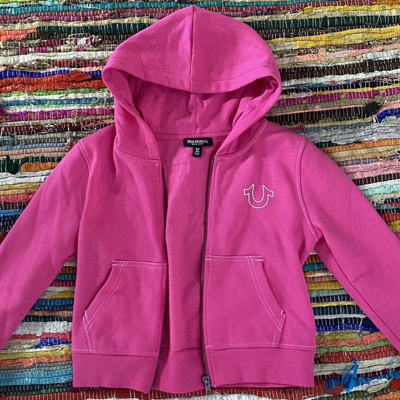 Hot pink true religion zip up it’s fits sm and xs... - Depop