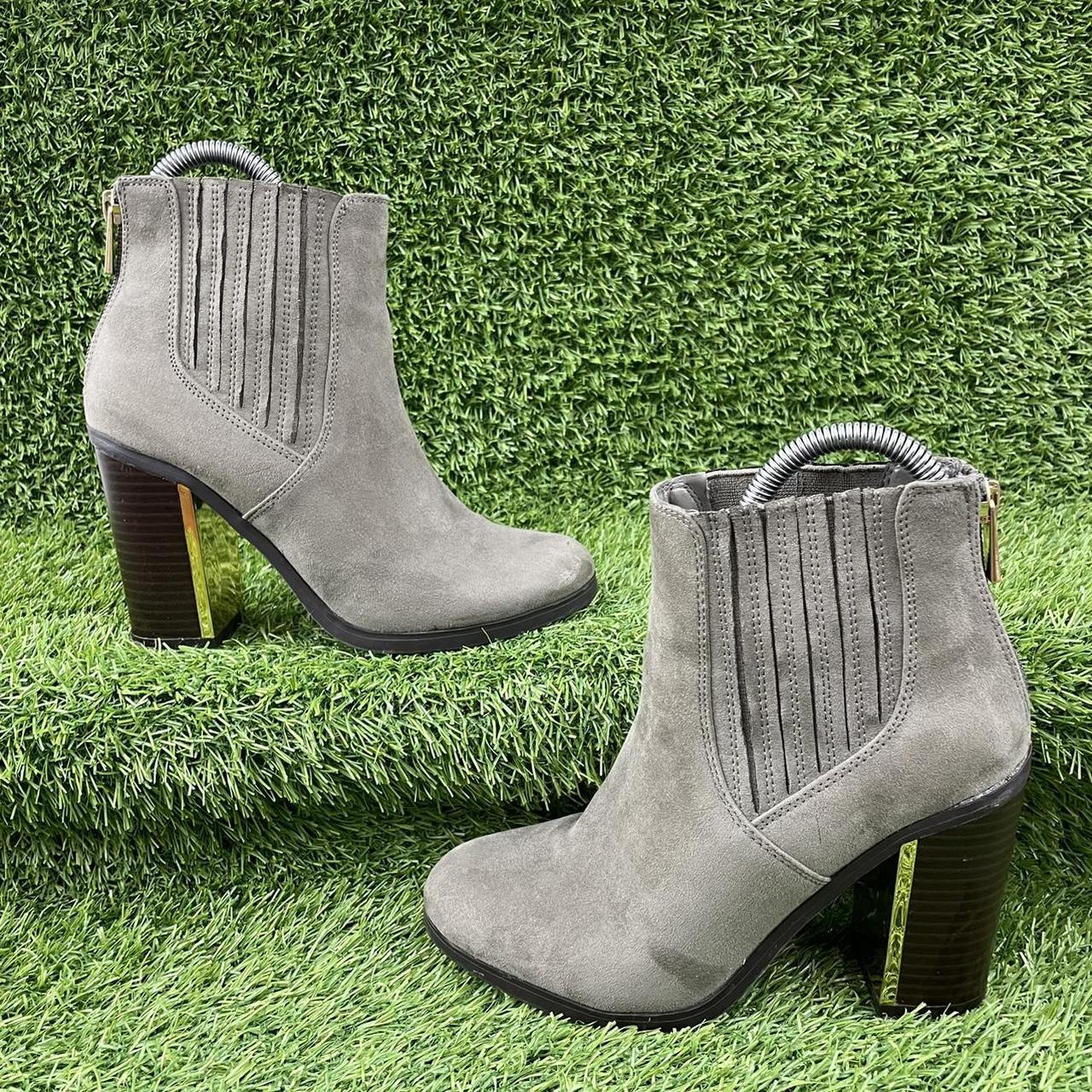 NEW LOOK GREY KHAKI SUEDE ANKLE BOOTS HIGH HEEL GOLD... - Depop