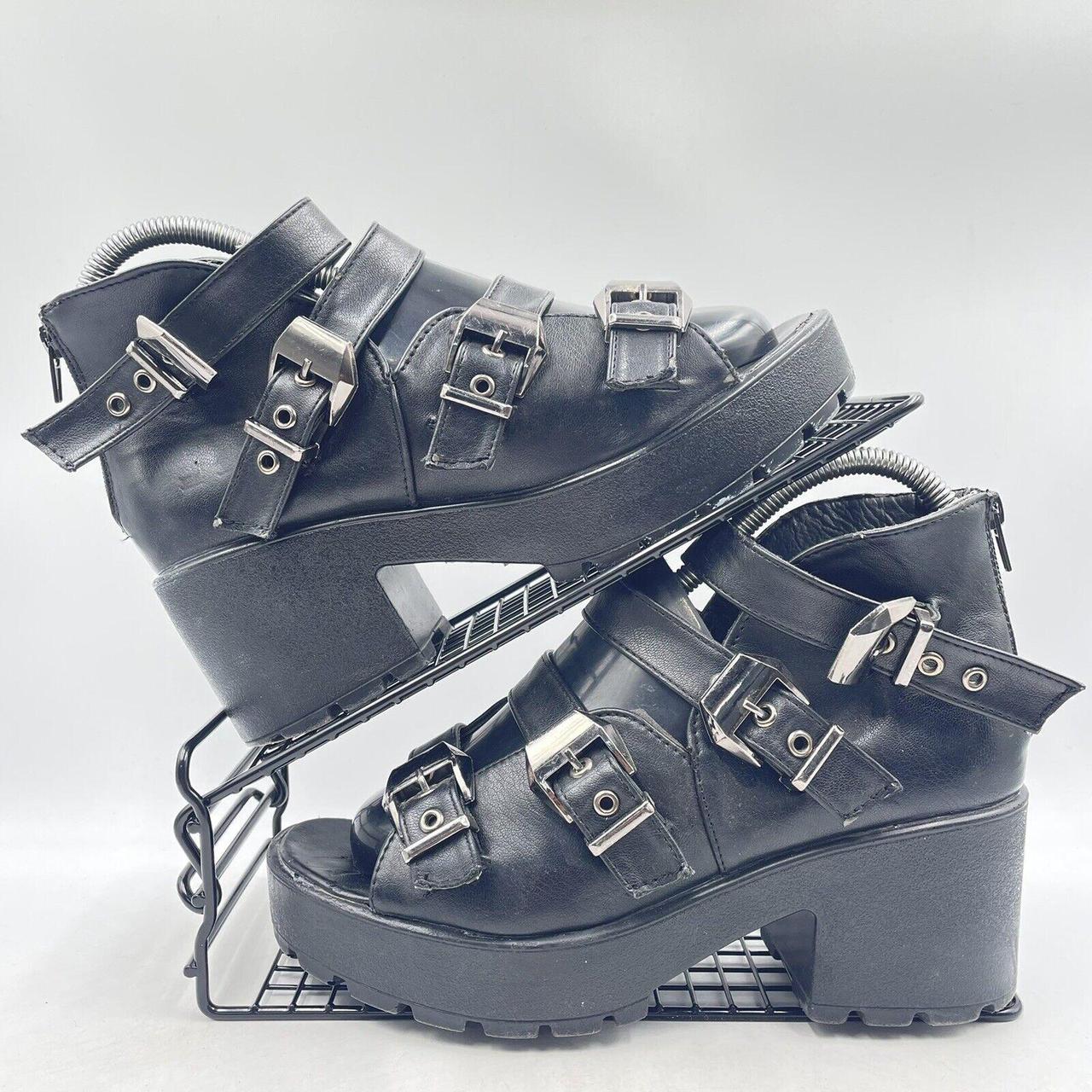 BLACK FAUX LEATHER CUT OUT BOOTS SIZE UK 5 STRAPPY... - Depop