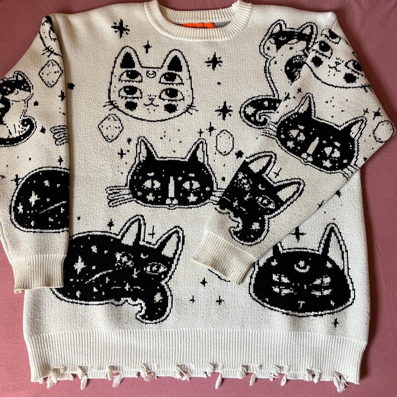 Fun oversized cat sweater, distressed bottom,... | Depop