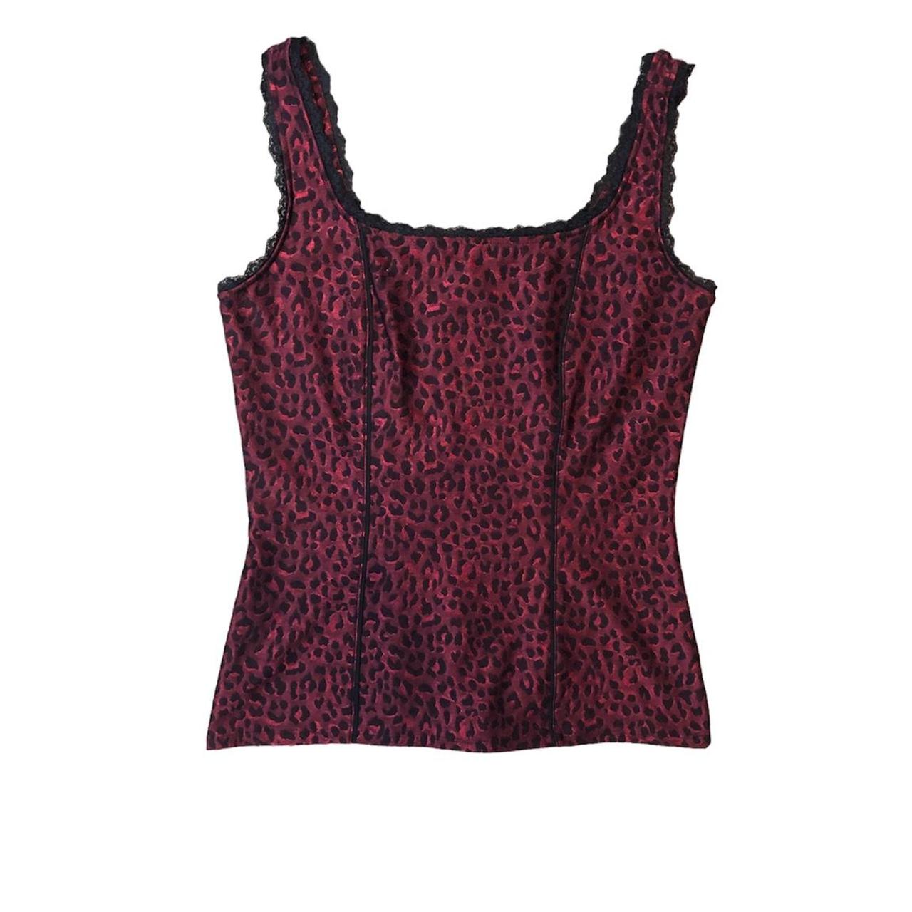 2000s corset style tank top. red and black leopard... - Depop