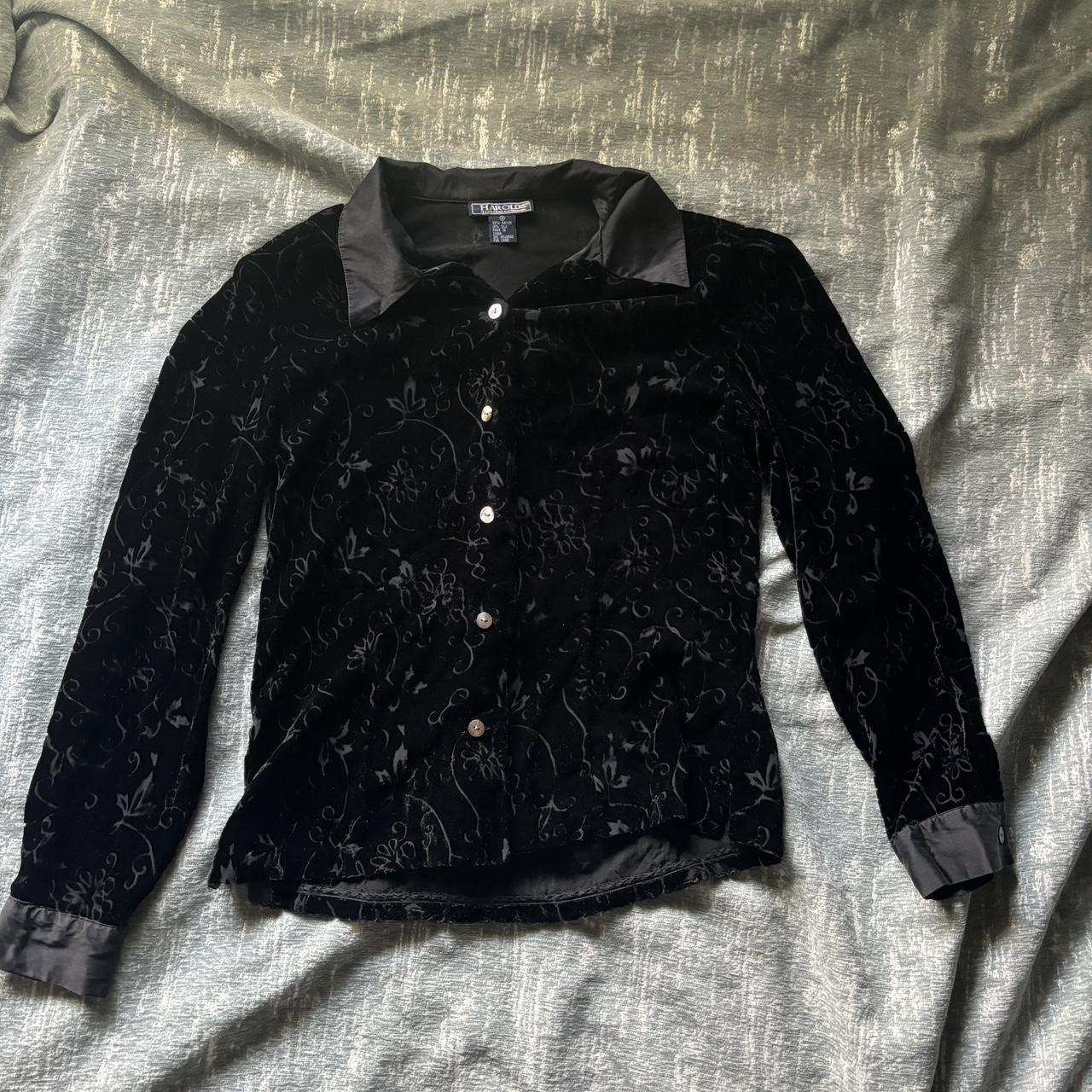 goth black velvet button down floral blouse 🦇size... - Depop