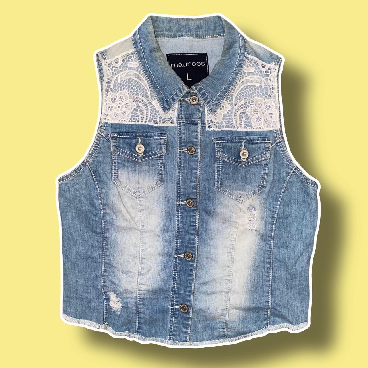 Maurices distressed ripped denim vest with white... | Depop