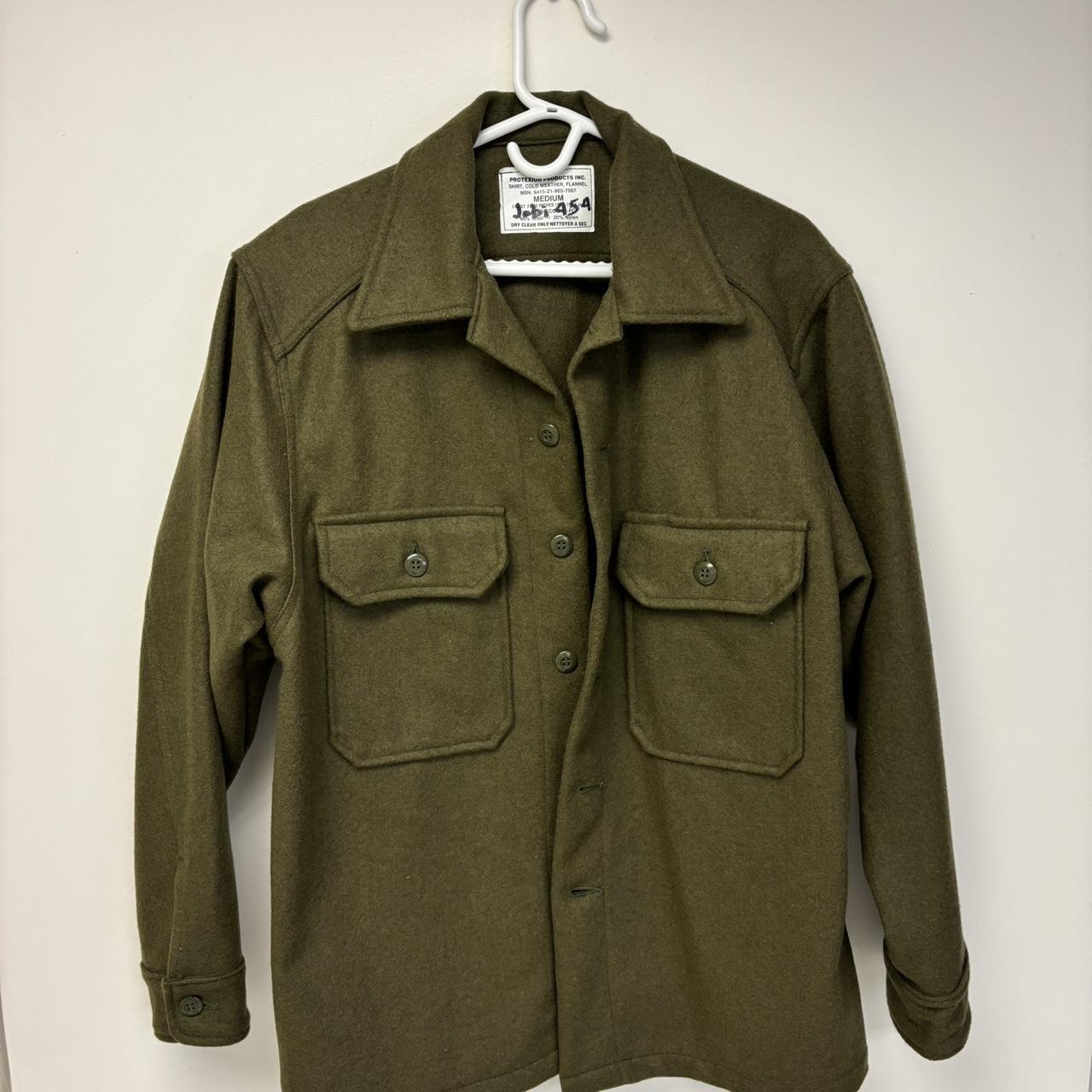 Green wool blend military flannel with a button down... | Depop
