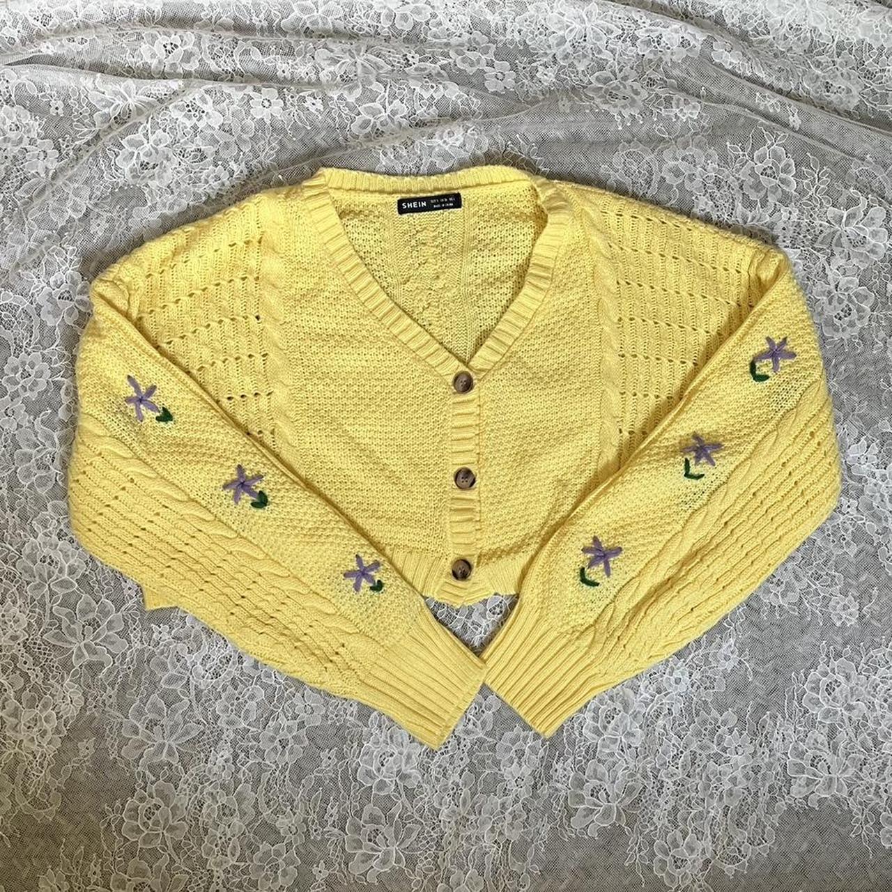 vibrant yellow knit crochet cropped sweater with... - Depop