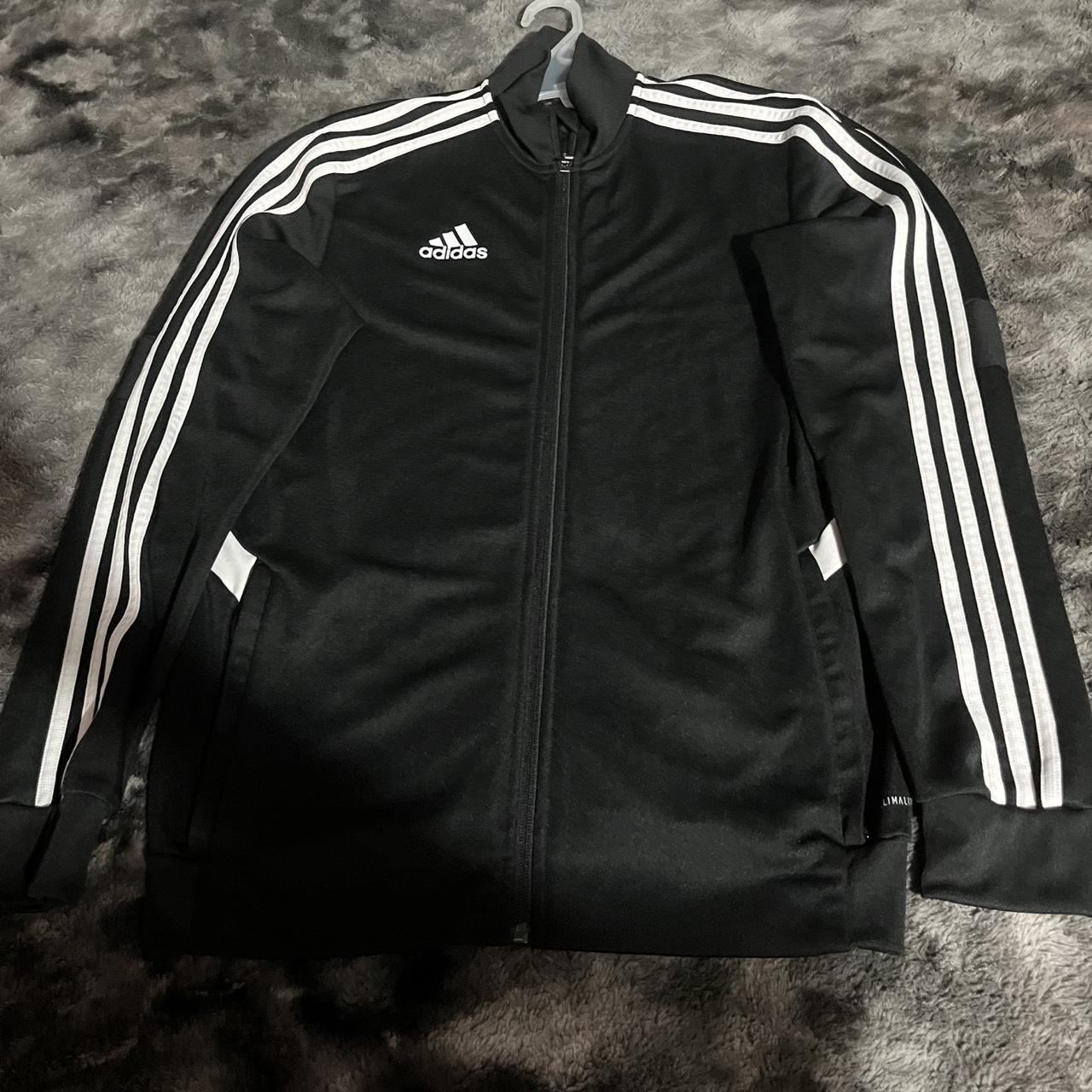 Black Adidas track zip-up jacket with white stripes... | Depop