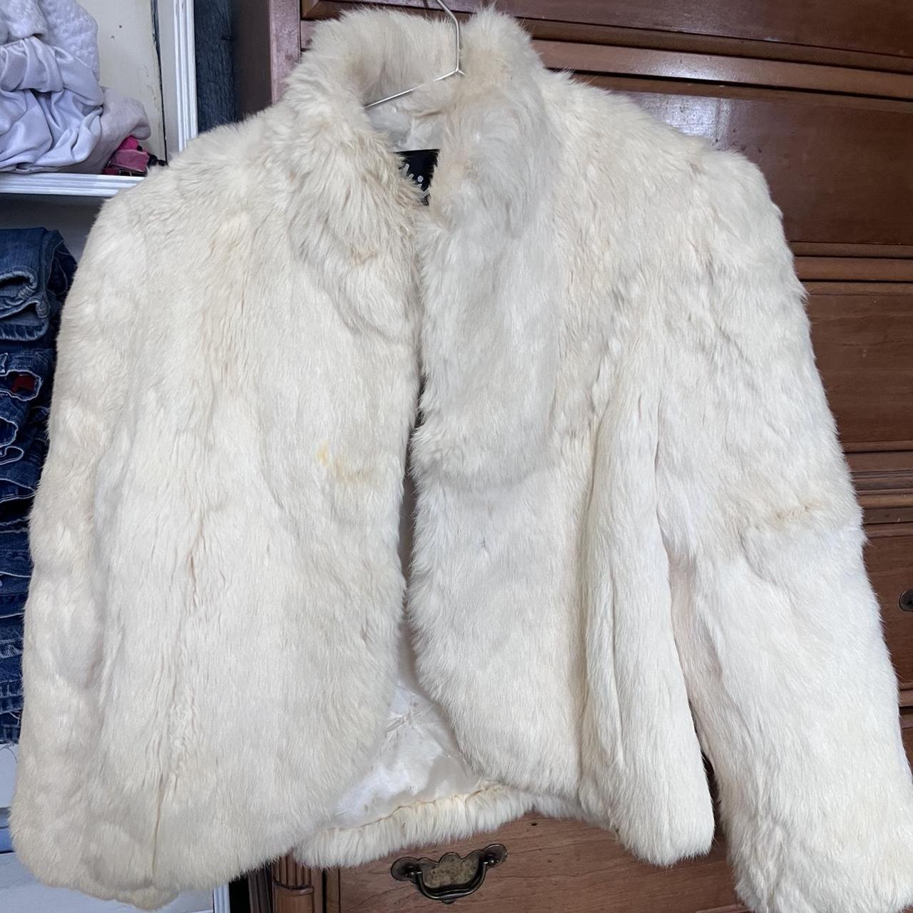 white fur jacket. 100% real rabbit fur vintage... - Depop