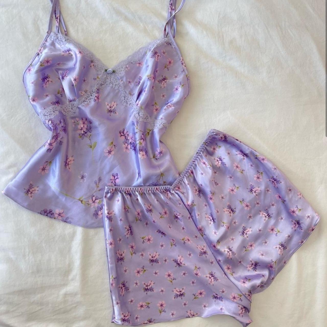 BUY 2 GET 1 FREE! lilac floral satin pajamas - size... - Depop