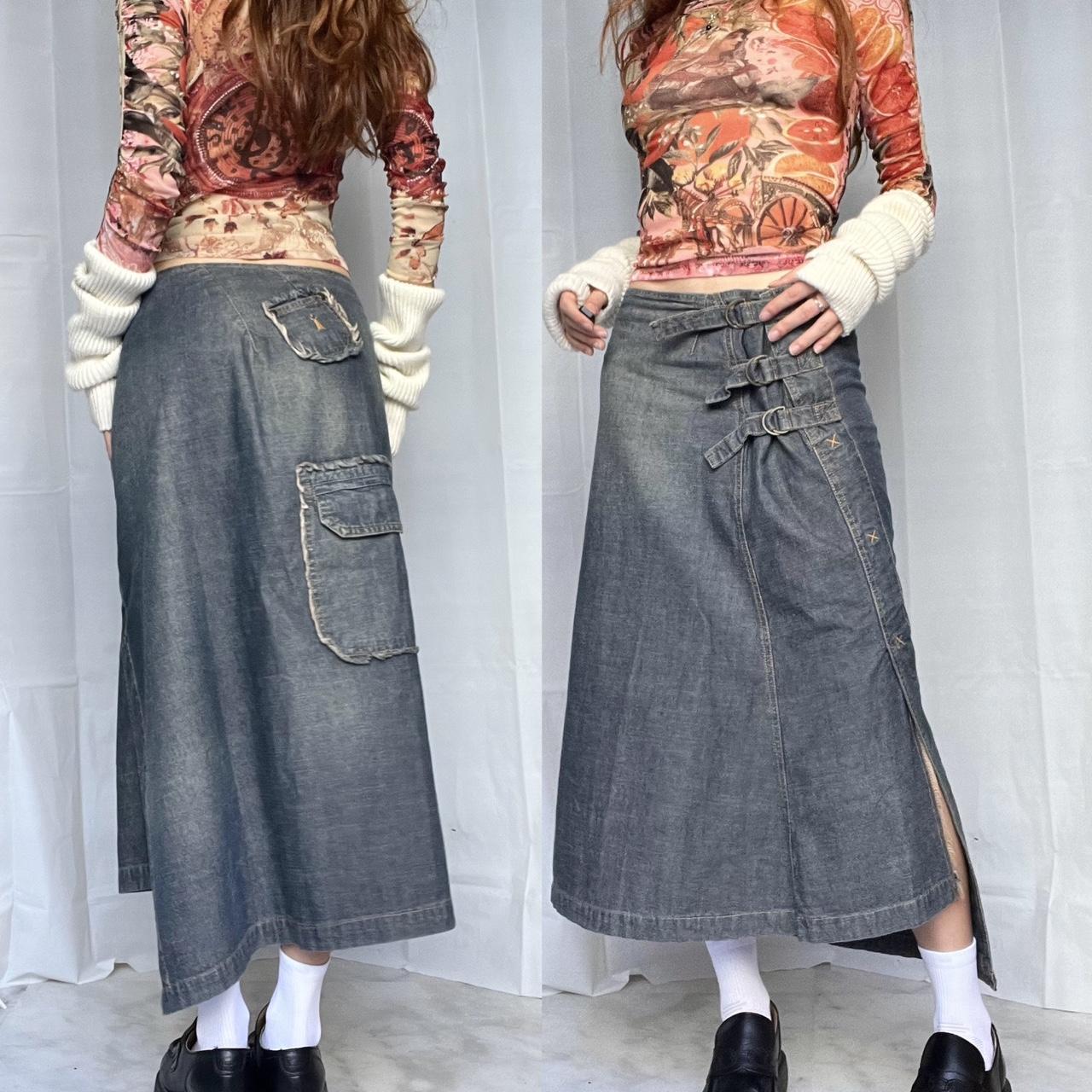 Vintage Cop Copine asymmetric denim midi skirt -... - Depop