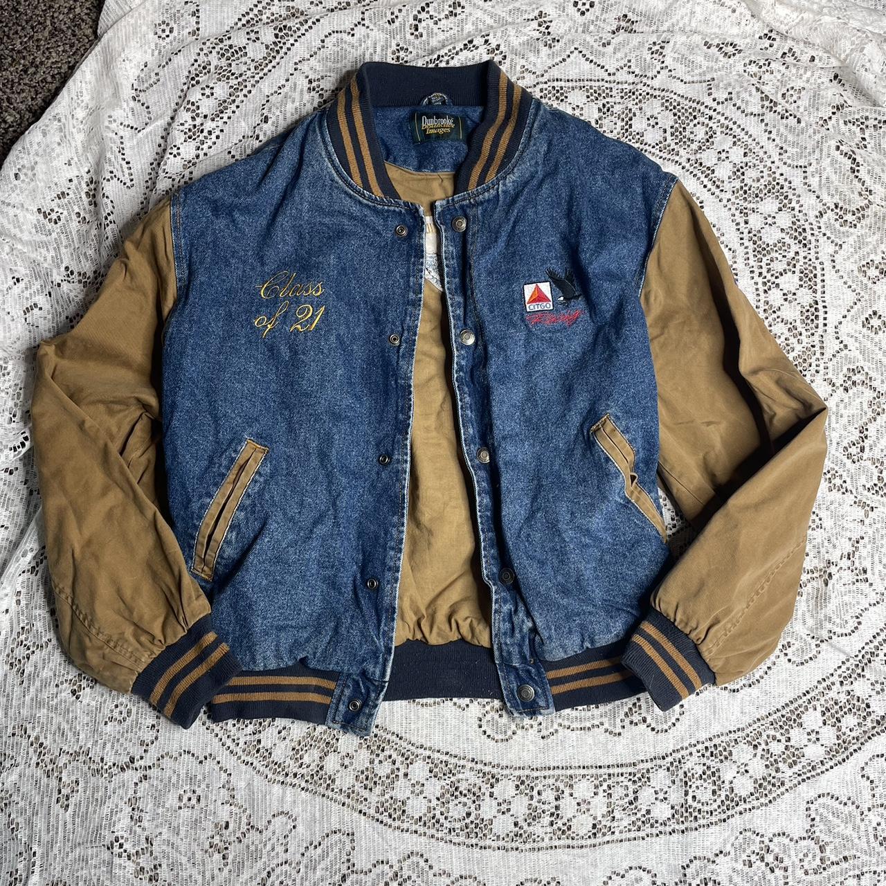Dumbroke varsity jean jacket in blue and brown... | Depop