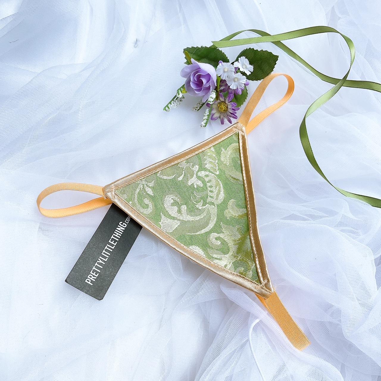 Pretty little thing thong Green and yellow jacquard... - Depop