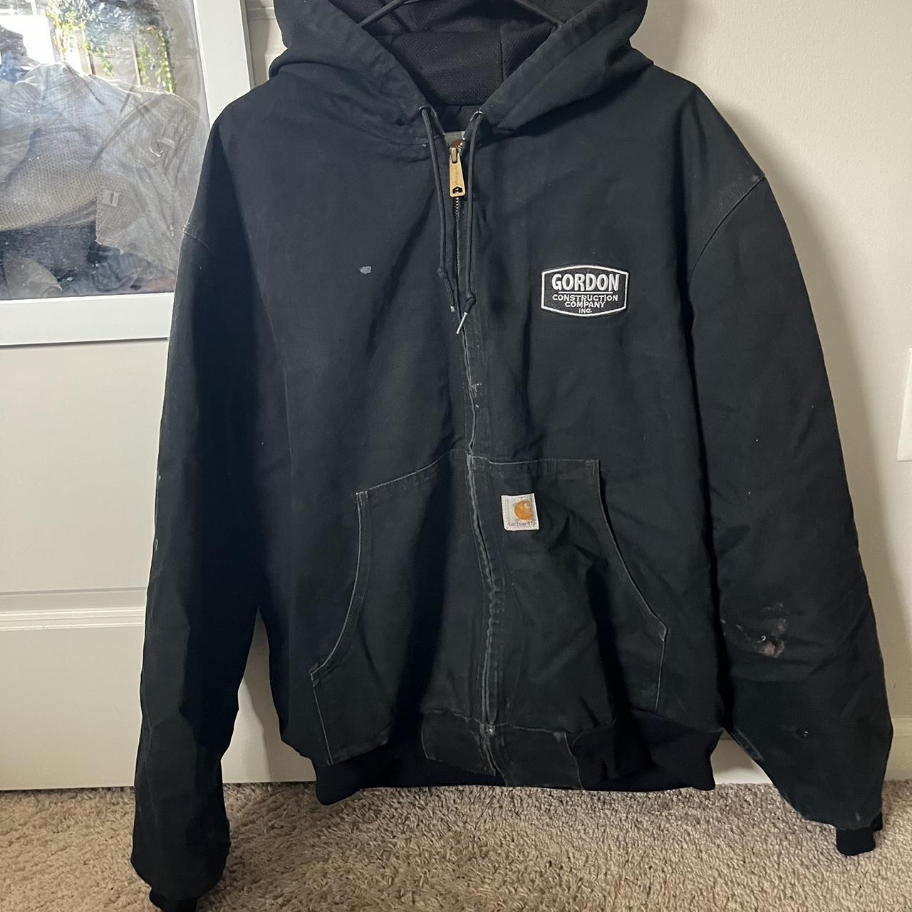 Black Carhartt hooded jacket made in usa paint... - Depop