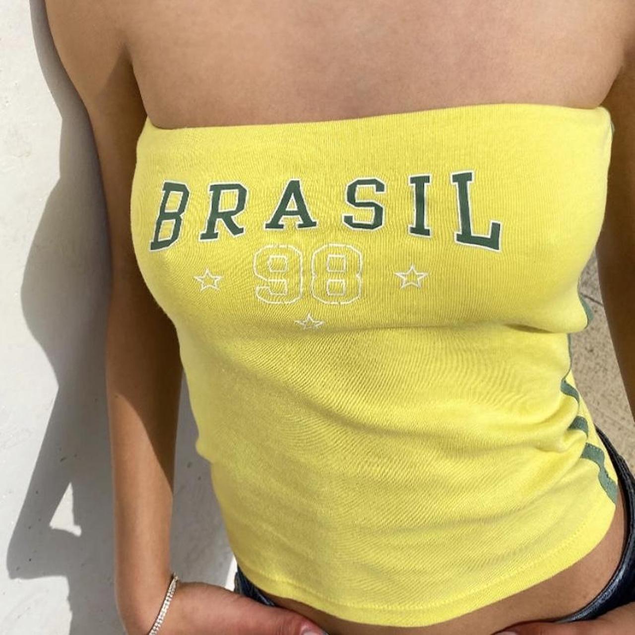Brasil Subdued yellow and green tube top Size... - Depop