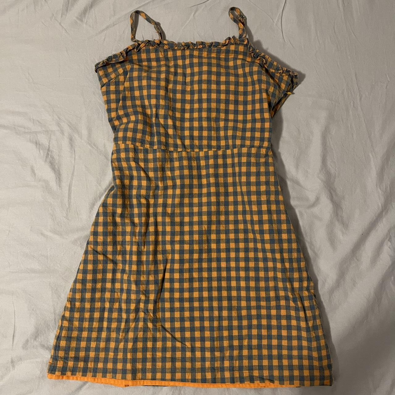 Orange and blueish grey gingham pattern dress with... - Depop