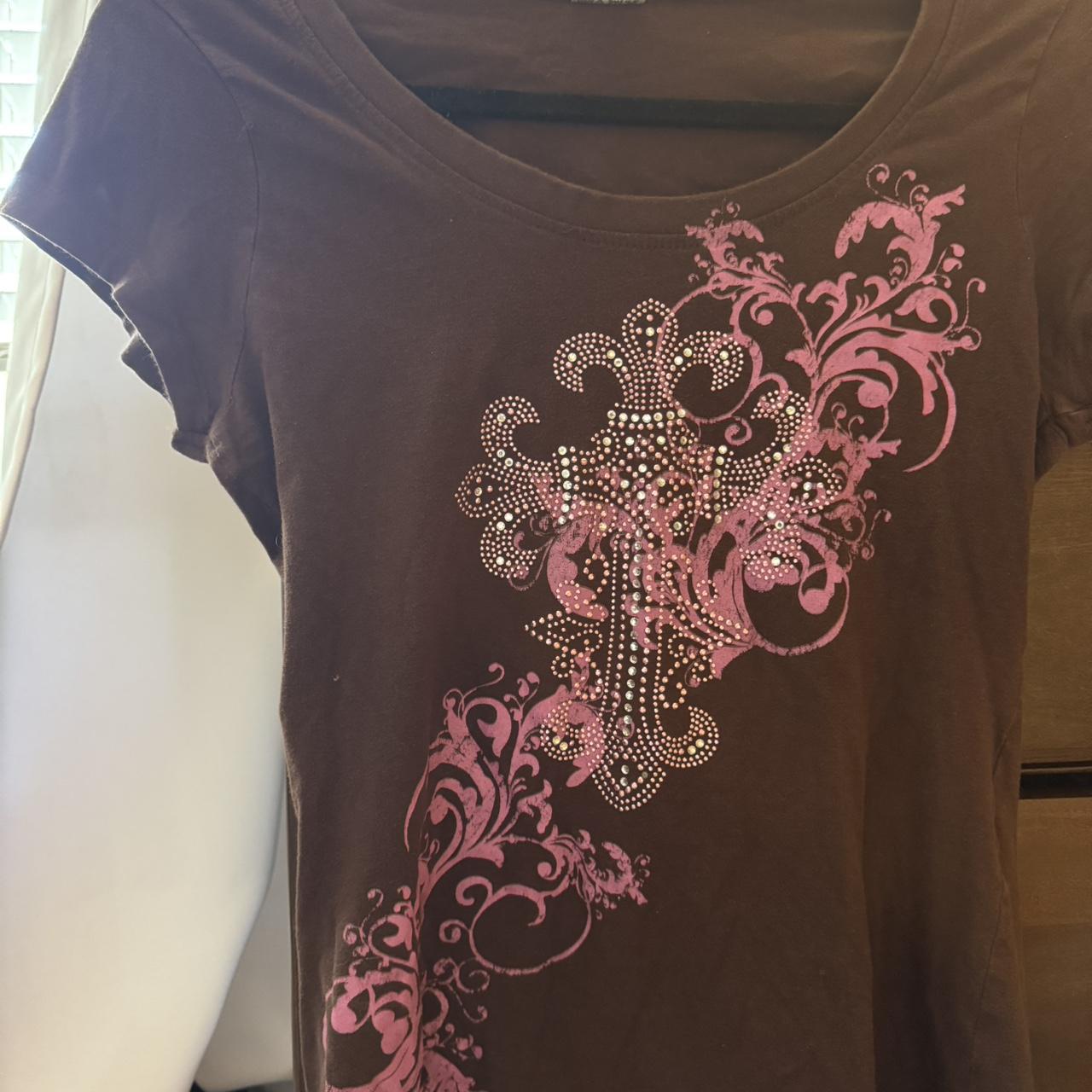 Brown and pink rhinestone cross graphic tee... | Depop