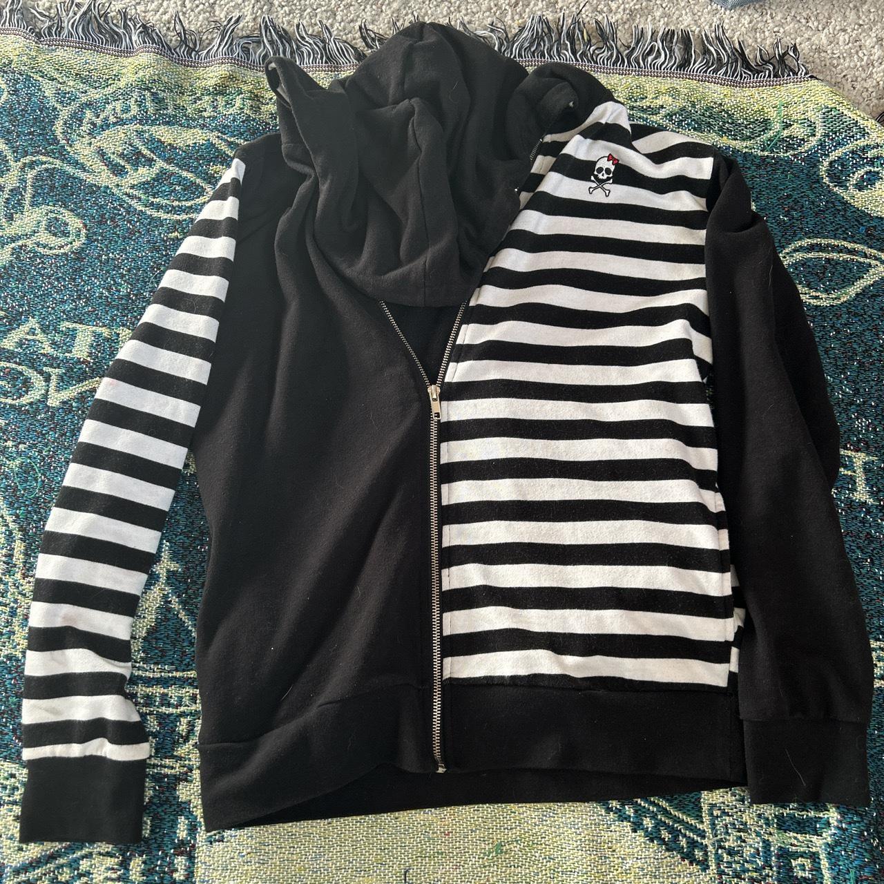 Black Block-Style Striped Jacket W/ Skull Embroidery... - Depop