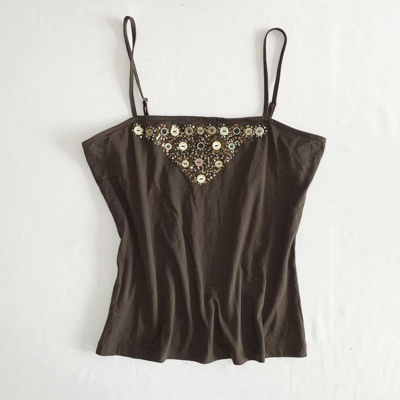 Brown cami top with sequin and button bead detailing... | Depop