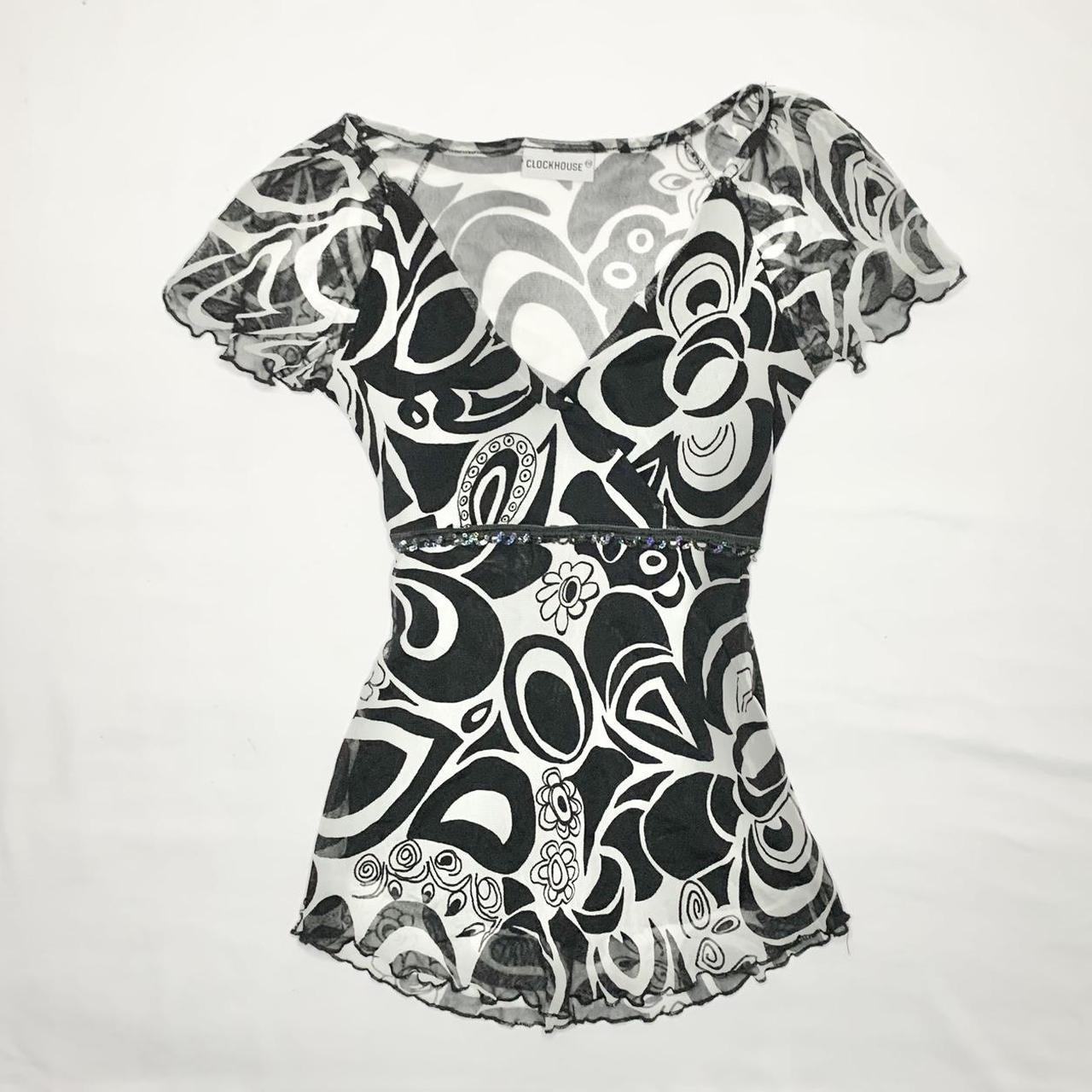 Patterned mesh top with cute frilly sleeves and... | Depop