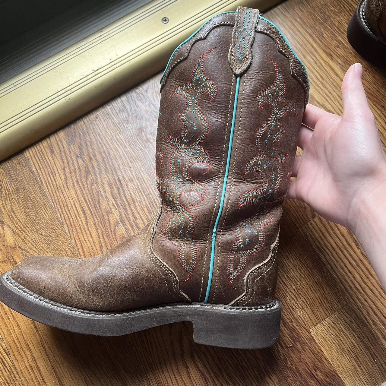 JUSTIN GYPSY COWBOY BOOTS, brown with teal borders,... - Depop