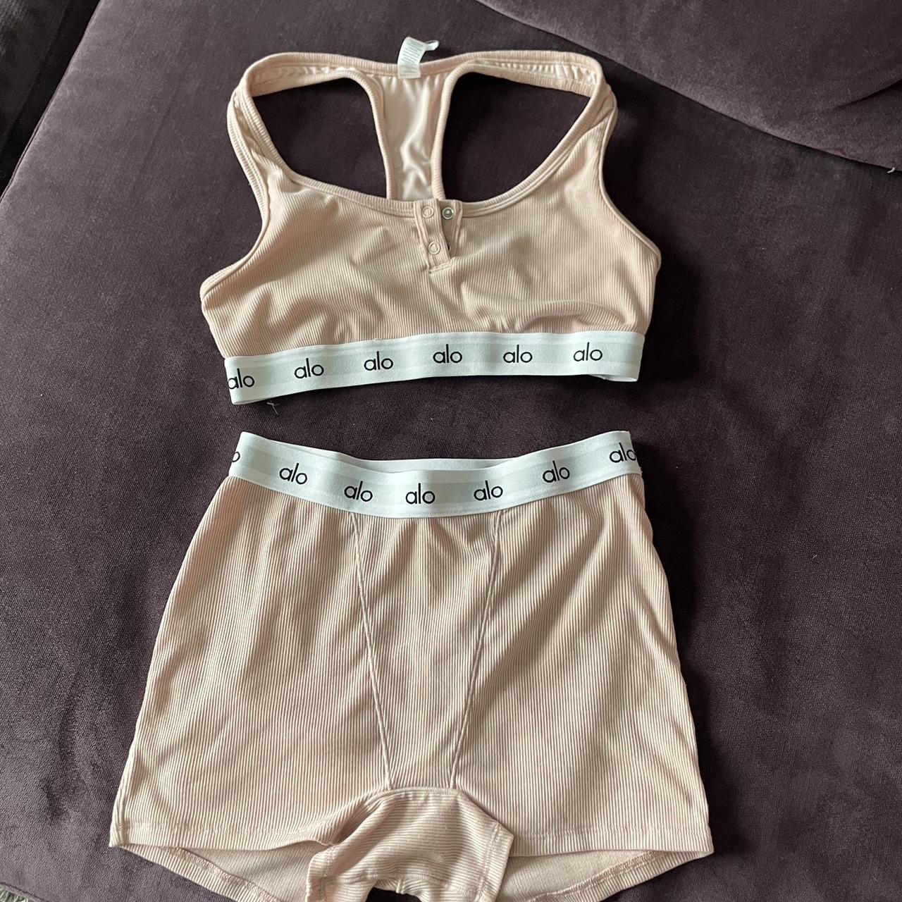 Alo ribbed boy shorts and Henley bra. Size s. Rosy pink - Depop