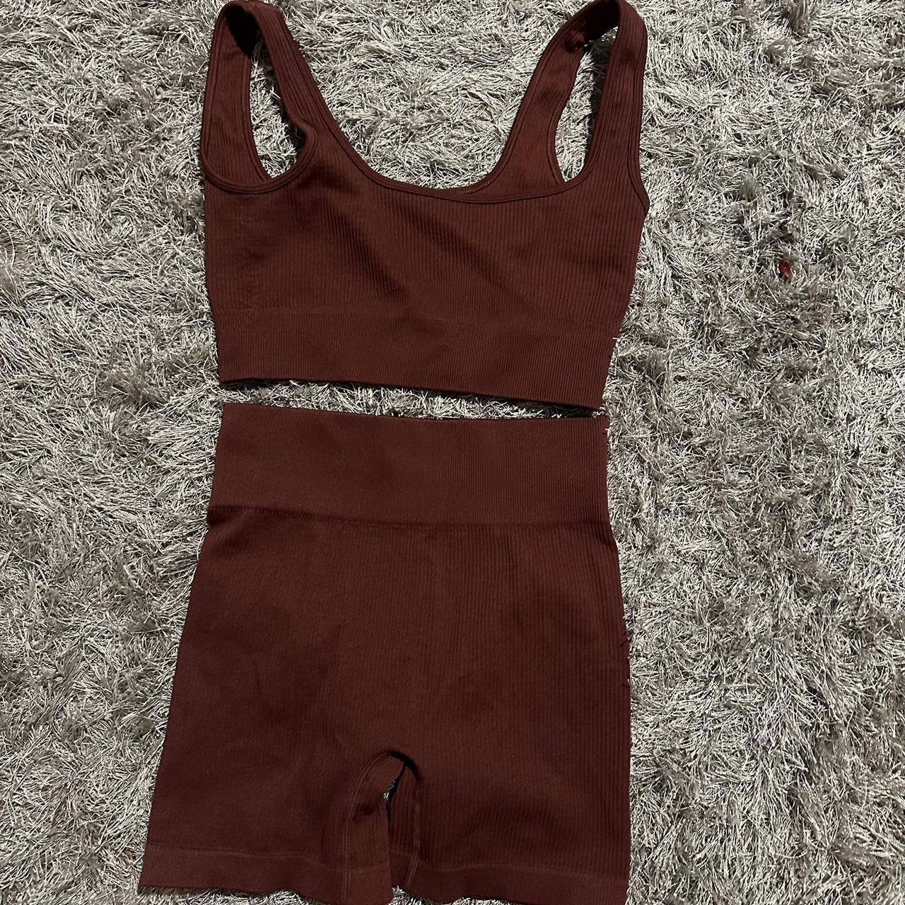 small brown workout bra and shorts set no damages... - Depop