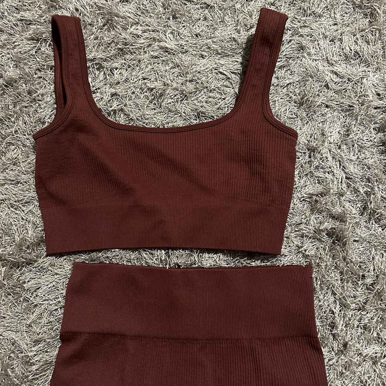 small brown workout bra and shorts set no damages... - Depop
