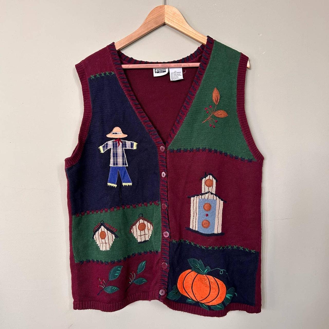 Vintage Fall Scarecrow Pumpkin Knitted Sweater Vest... - Depop
