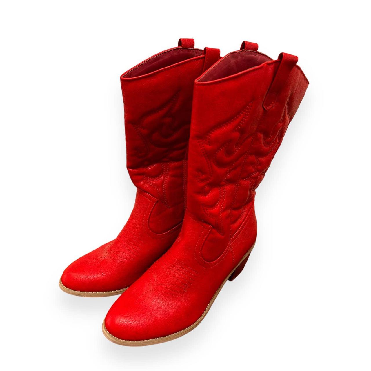 West Blvd Red Faux Leather Cowboy Boots Womens... - Depop