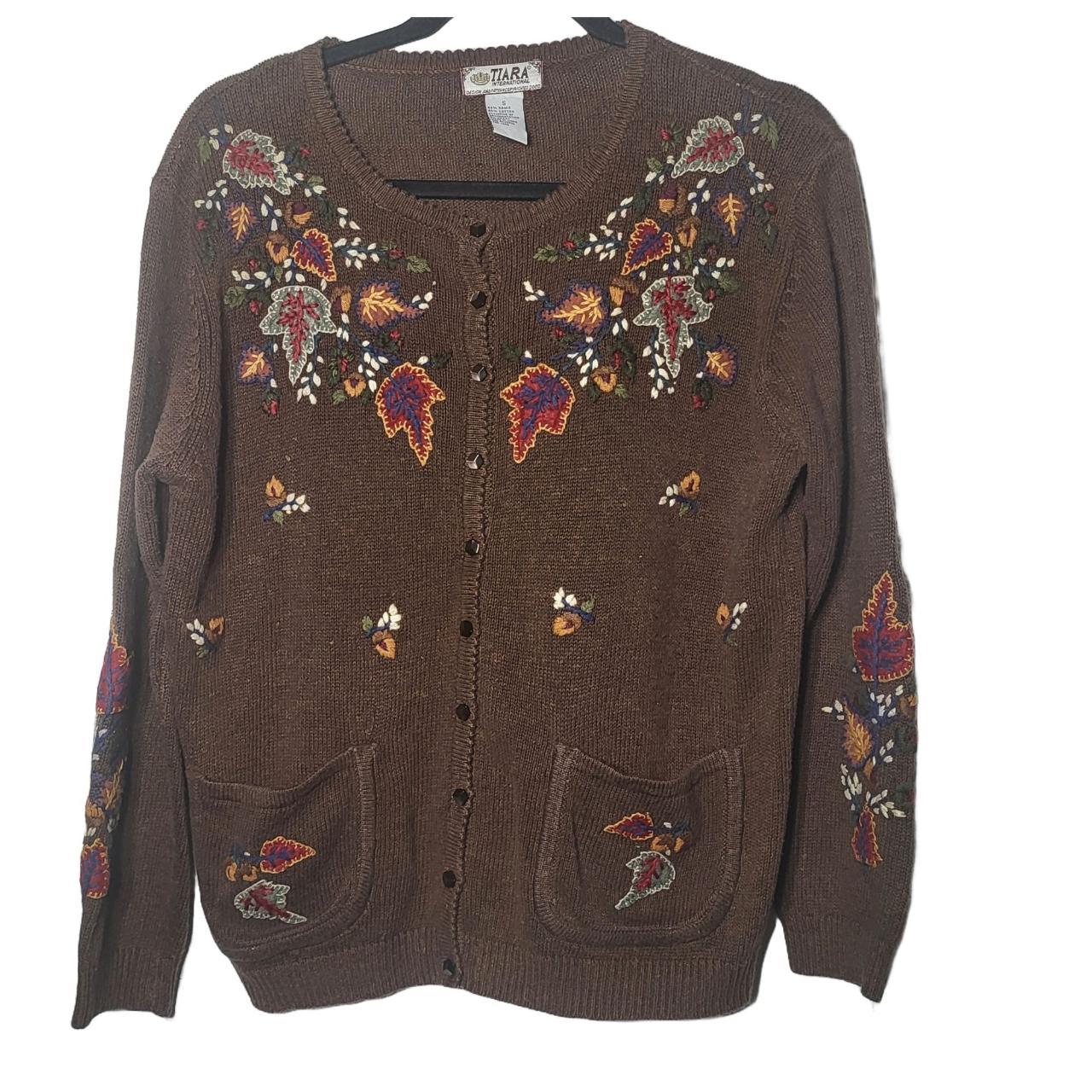 Tiara International Womens Embroidered Cardigan... - Depop