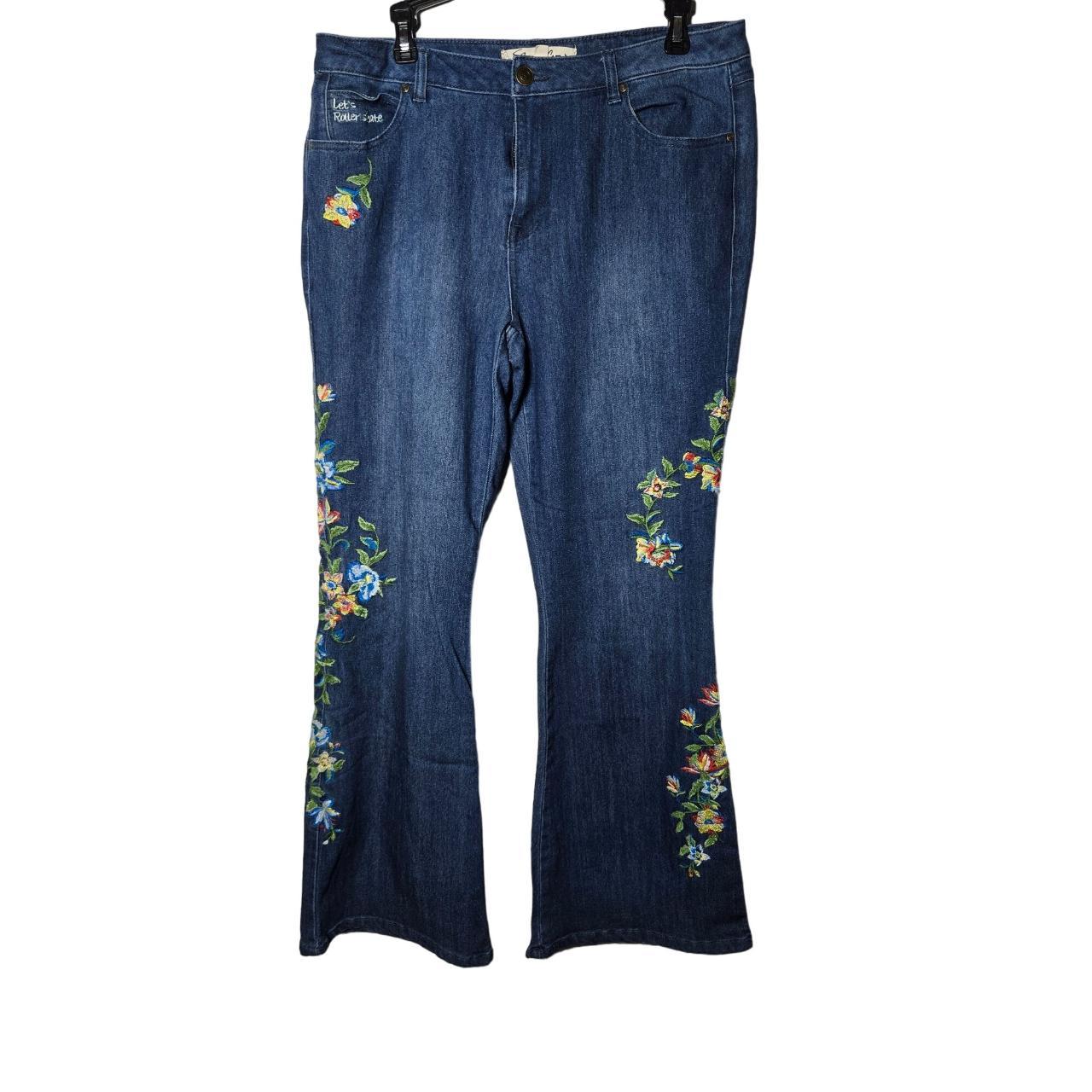 Sheryl Crow Womens Floral Embroidered Denim Jeans... - Depop
