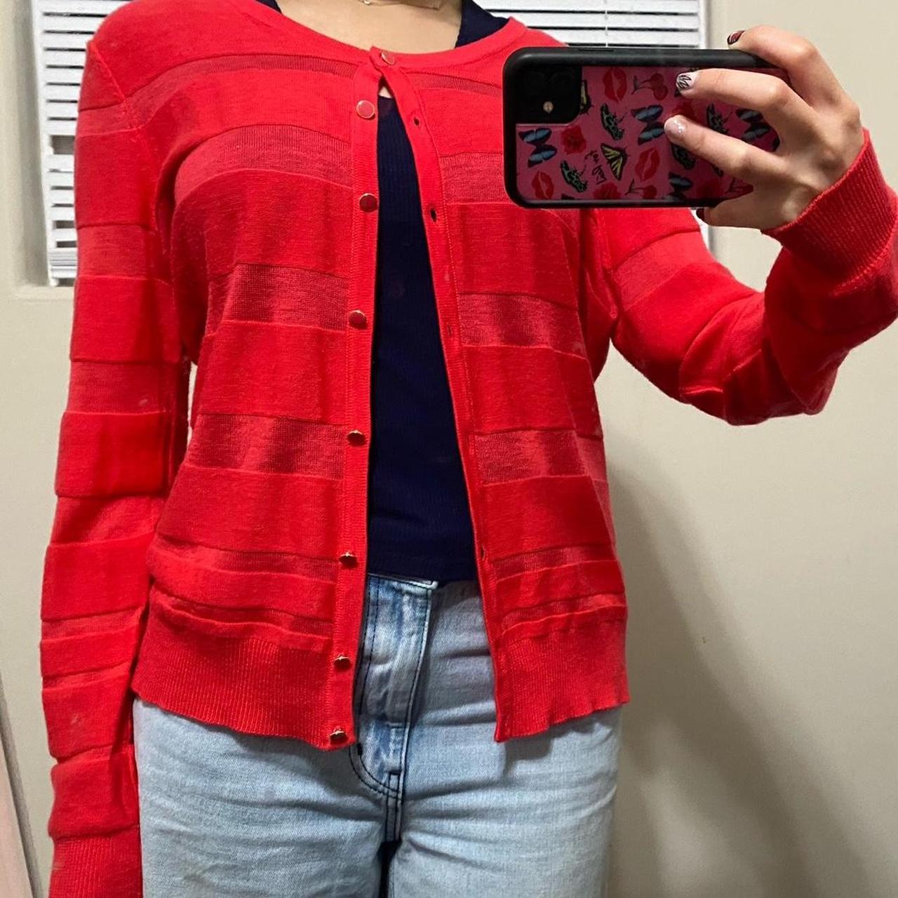 -Red striped button up cardigan sweater -size large... | Depop