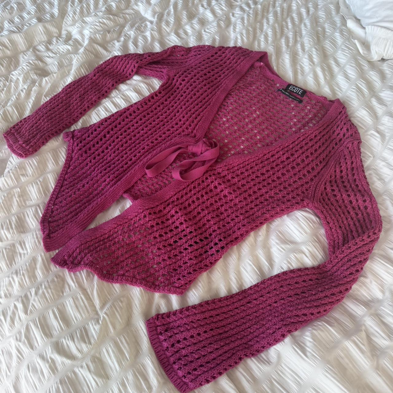 Hot pink crochet cardigan with tie front detail... - Depop