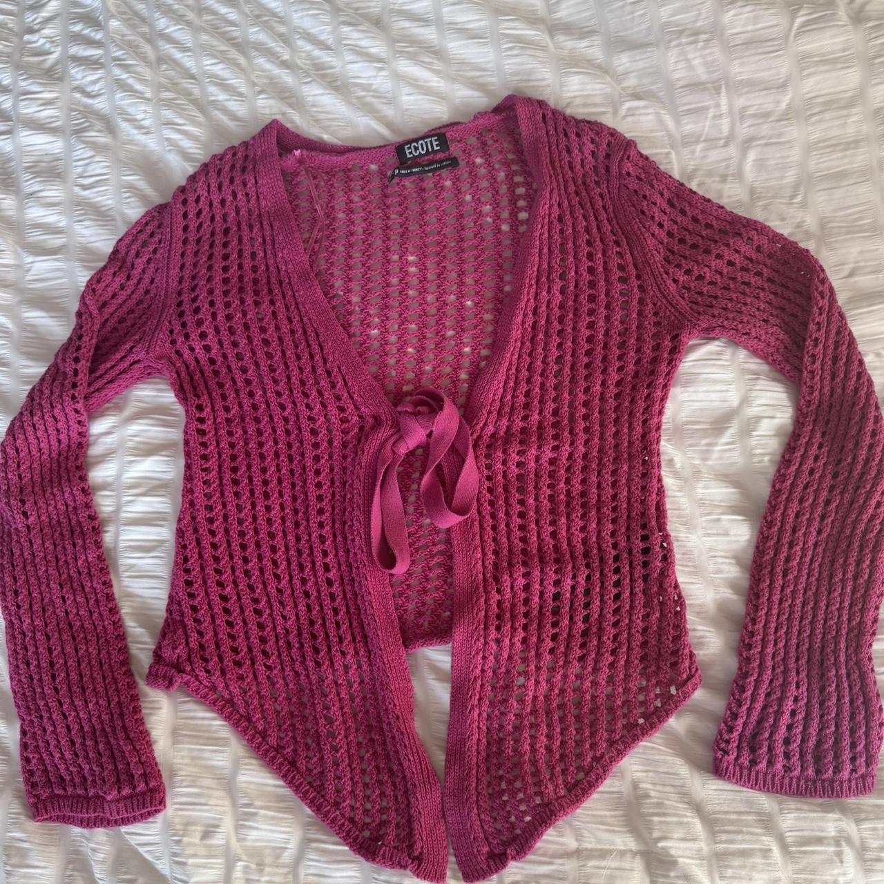 Hot pink crochet cardigan with tie front detail... - Depop