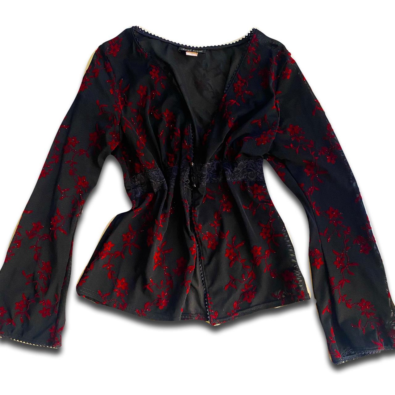 Black and red floral mesh top Size 12 $10... - Depop