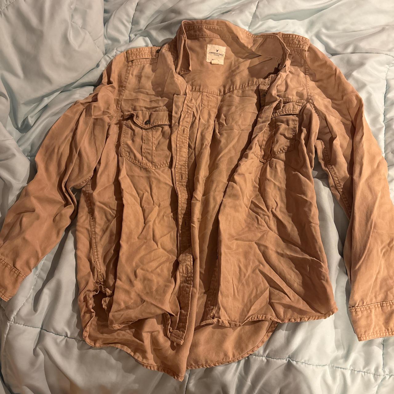 Tannish, pink large button down shirt - Depop