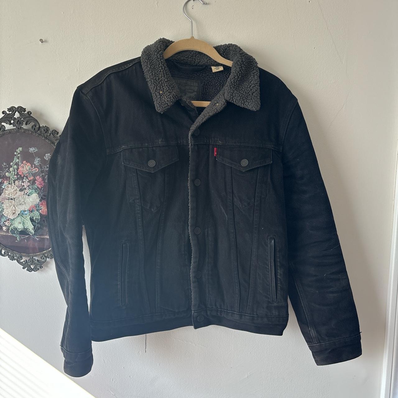 Levi’s black denim shearling jacket. Very cozy.... - Depop