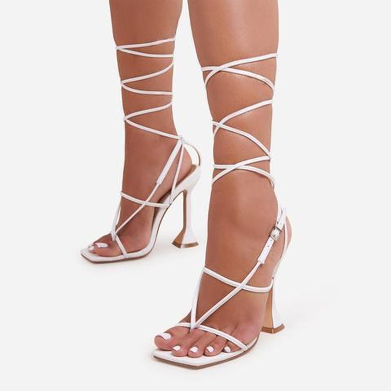 Lace Up Square Toe Pyramid Heel In White Faux... | Depop