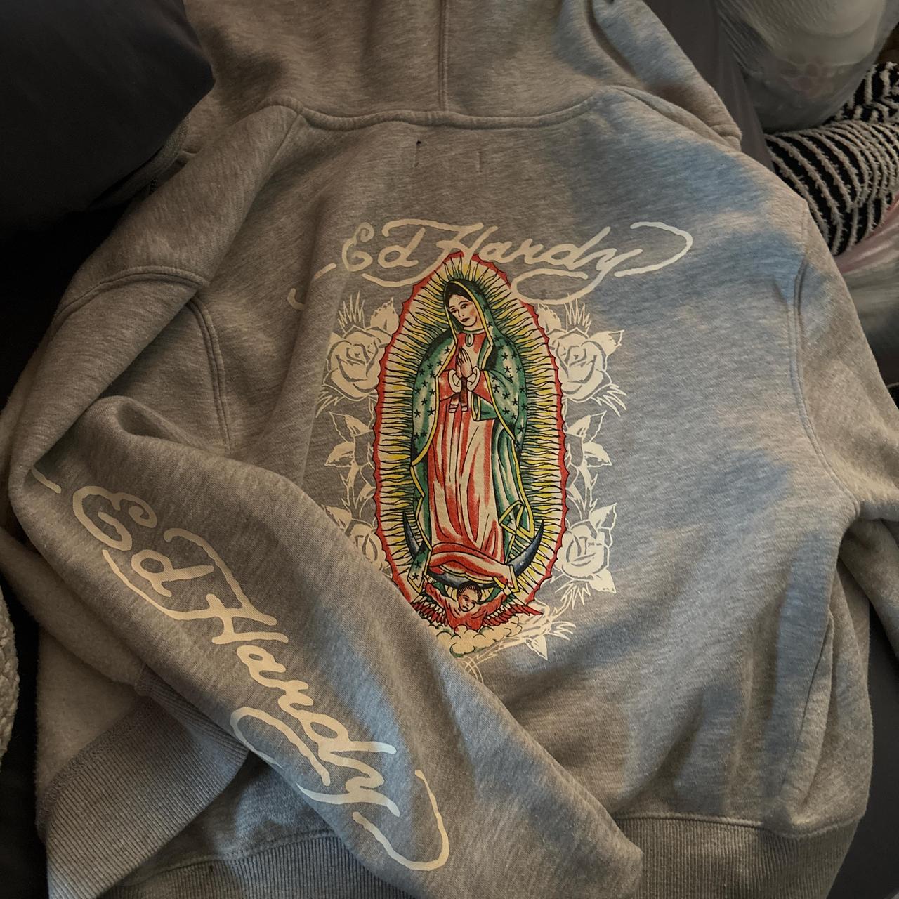 Ed Hardy grey hoodie with iconic back design | Depop