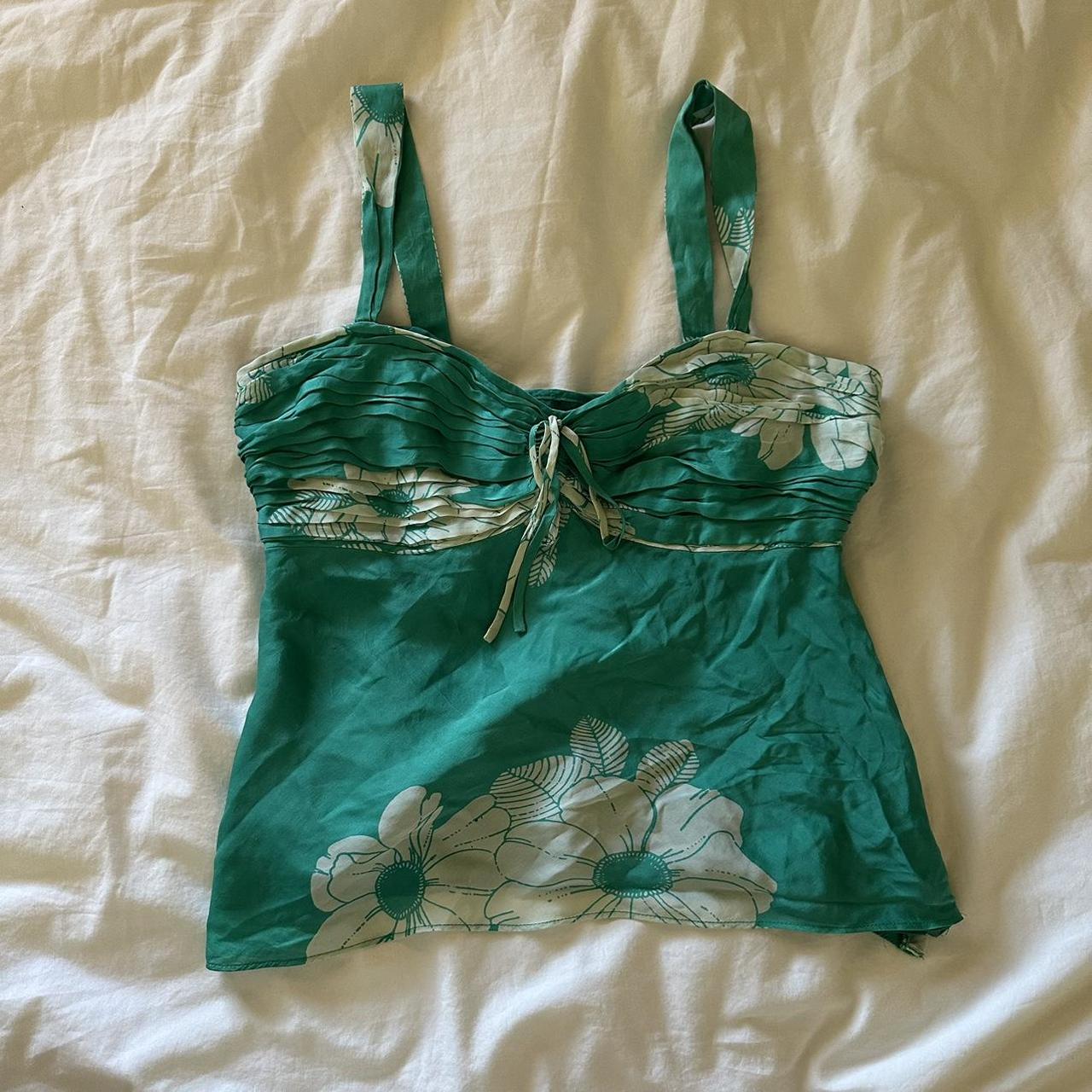 Floral Turquoise Cami Top with Bow Zipper on side... - Depop