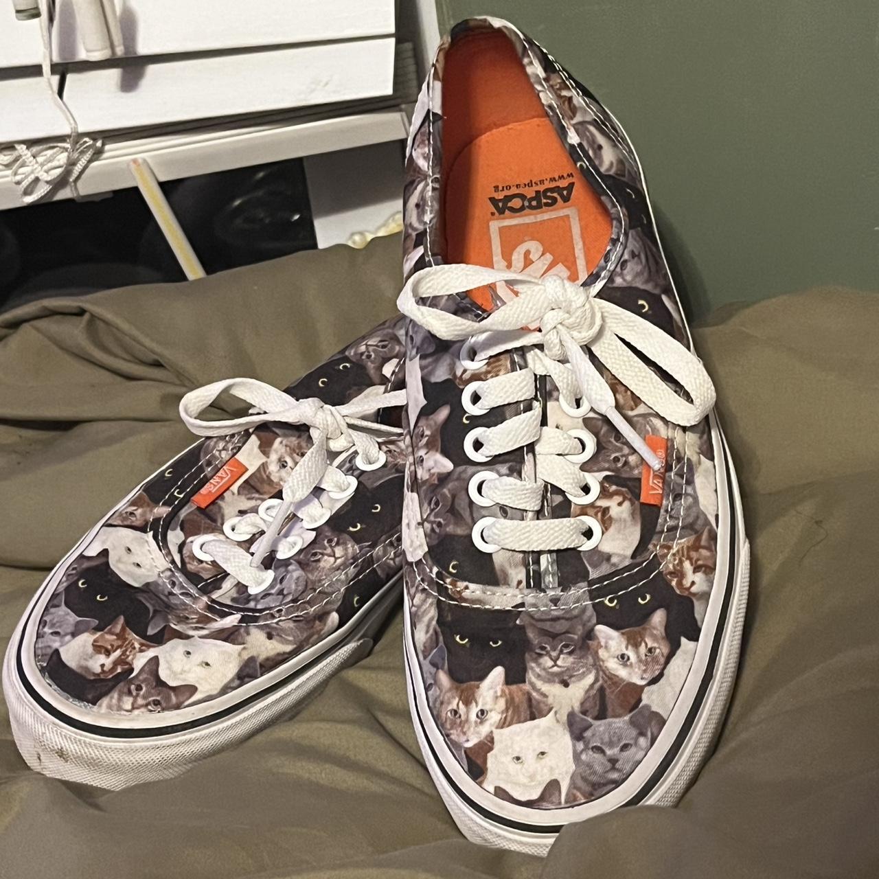 White and black Vans with cat design #cats #vans... | Depop