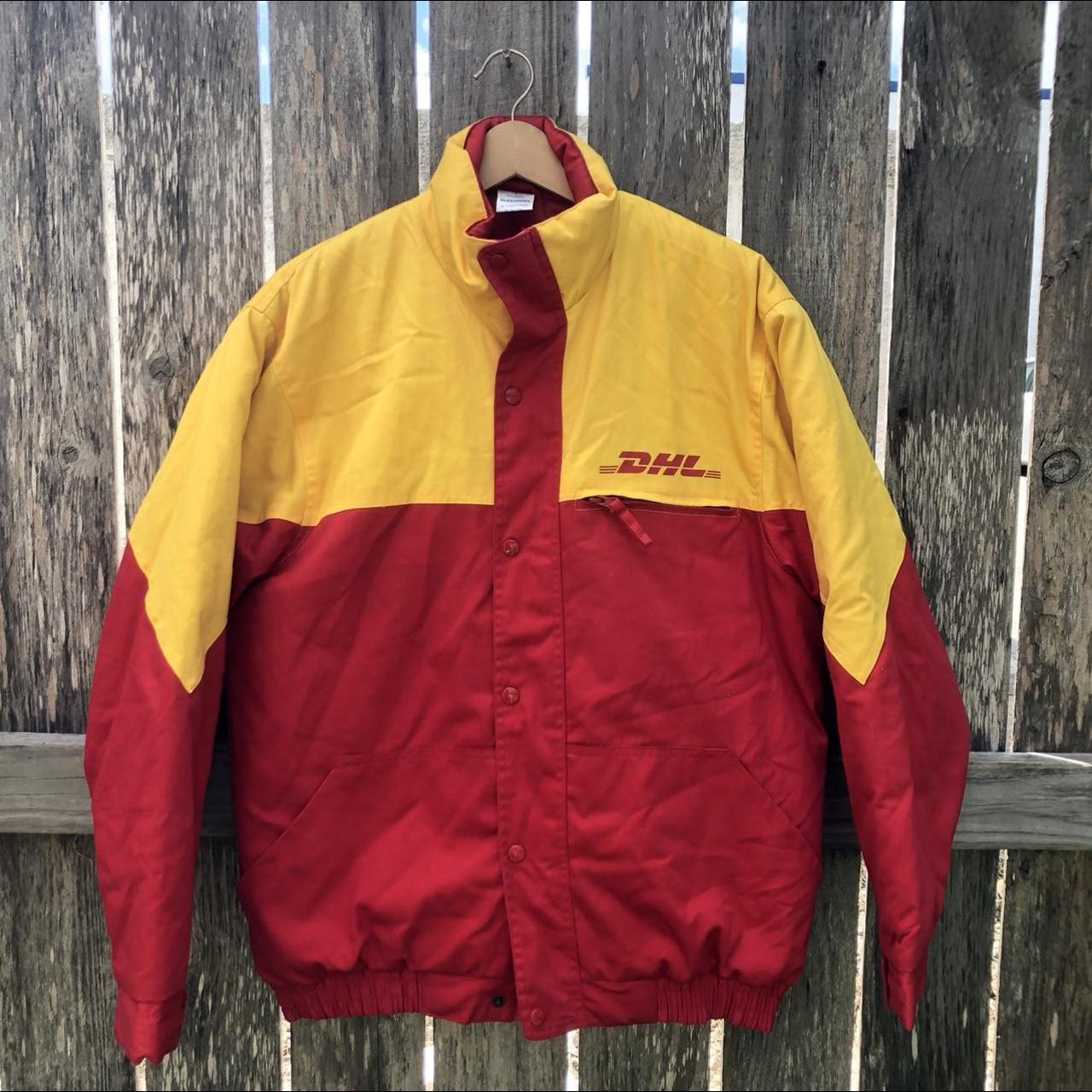 Vintage 90s DHL Puffer Winter Coat Snap Jacket... - Depop