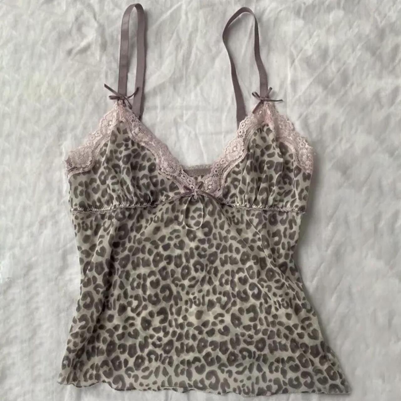 cutest leopard tank top with pink lace and bows!! - Depop