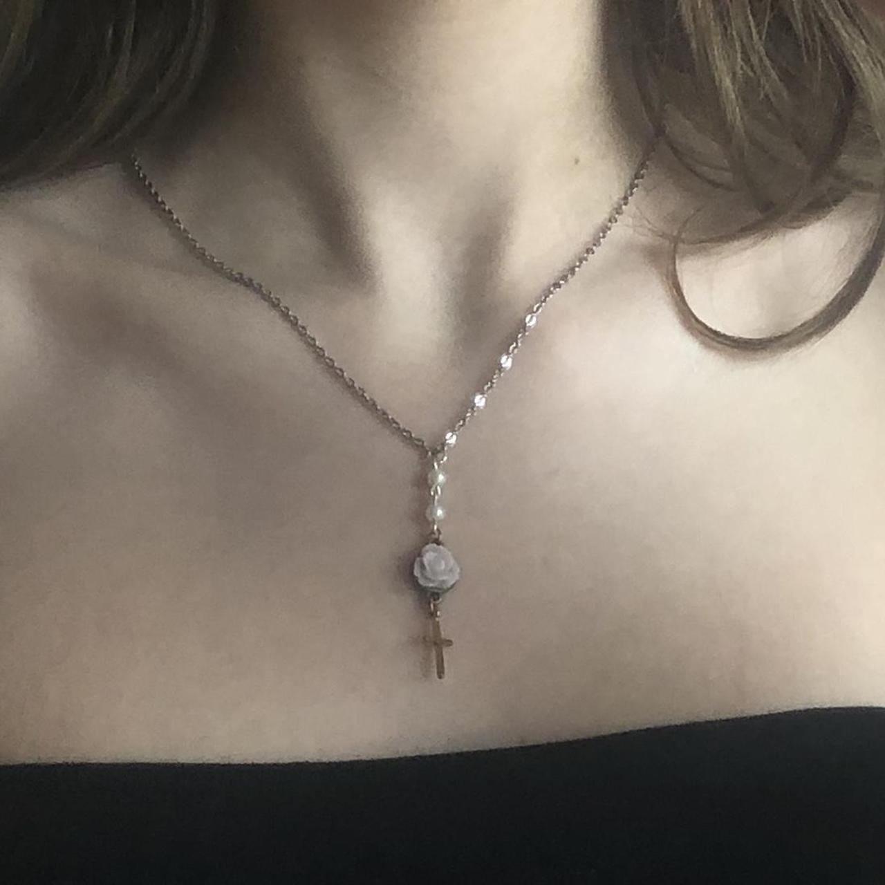 Handmade Cross Baby Pink Rose Pearl Necklace... - Depop