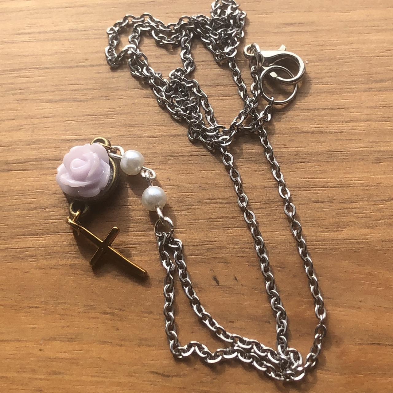 Handmade Cross Baby Pink Rose Pearl Necklace... - Depop
