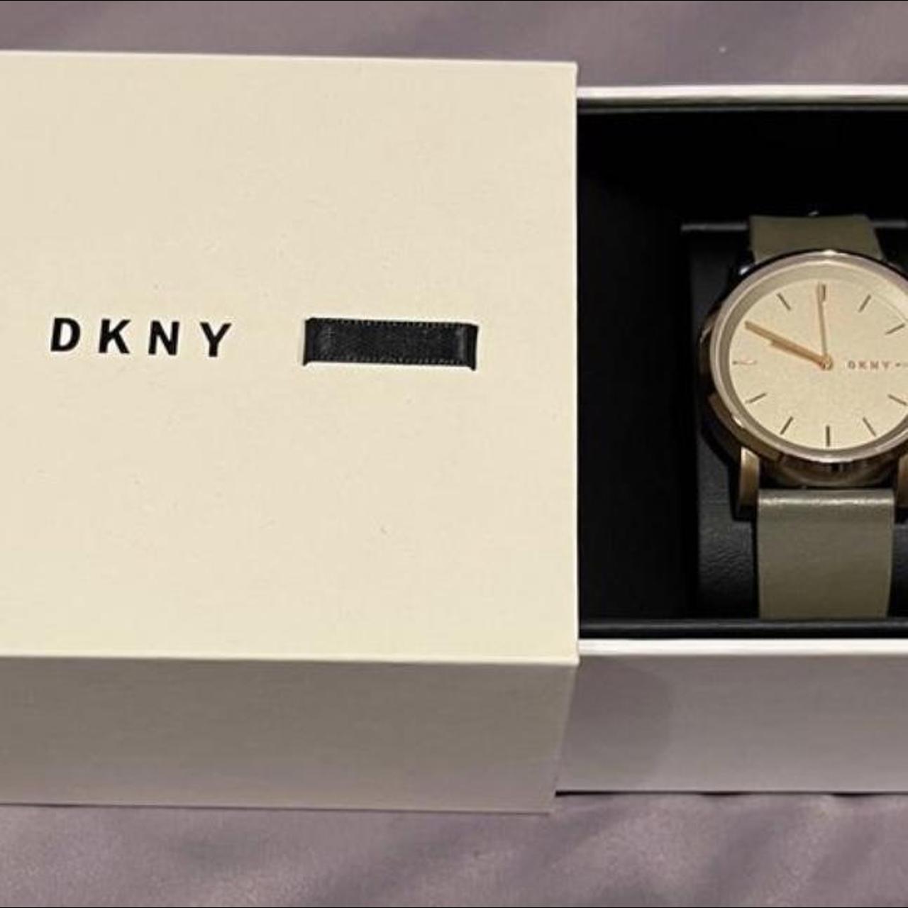 DKNY leather strap watch with box Nude/grey leather... | Depop